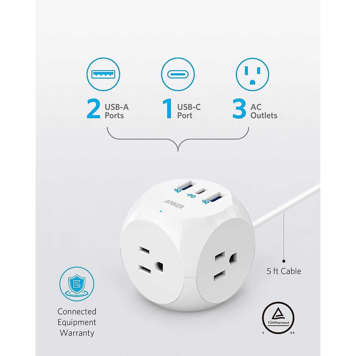 Anker Power Strip with USB C, PowerCube with 3 Outlets & 30W USB C and Anker USB C Power Strip Surge Protector(300J),6 Outlets and 20W Power Delivery