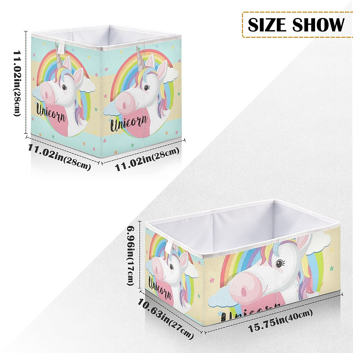 ALAZA Unicorn Head and Rainbow Fabric Cube Storage Bin,Collapsible Fabric Bins Organizer Foldable Basket for Closet Cabinet Shelf Office,11.02x11.02x11.02in