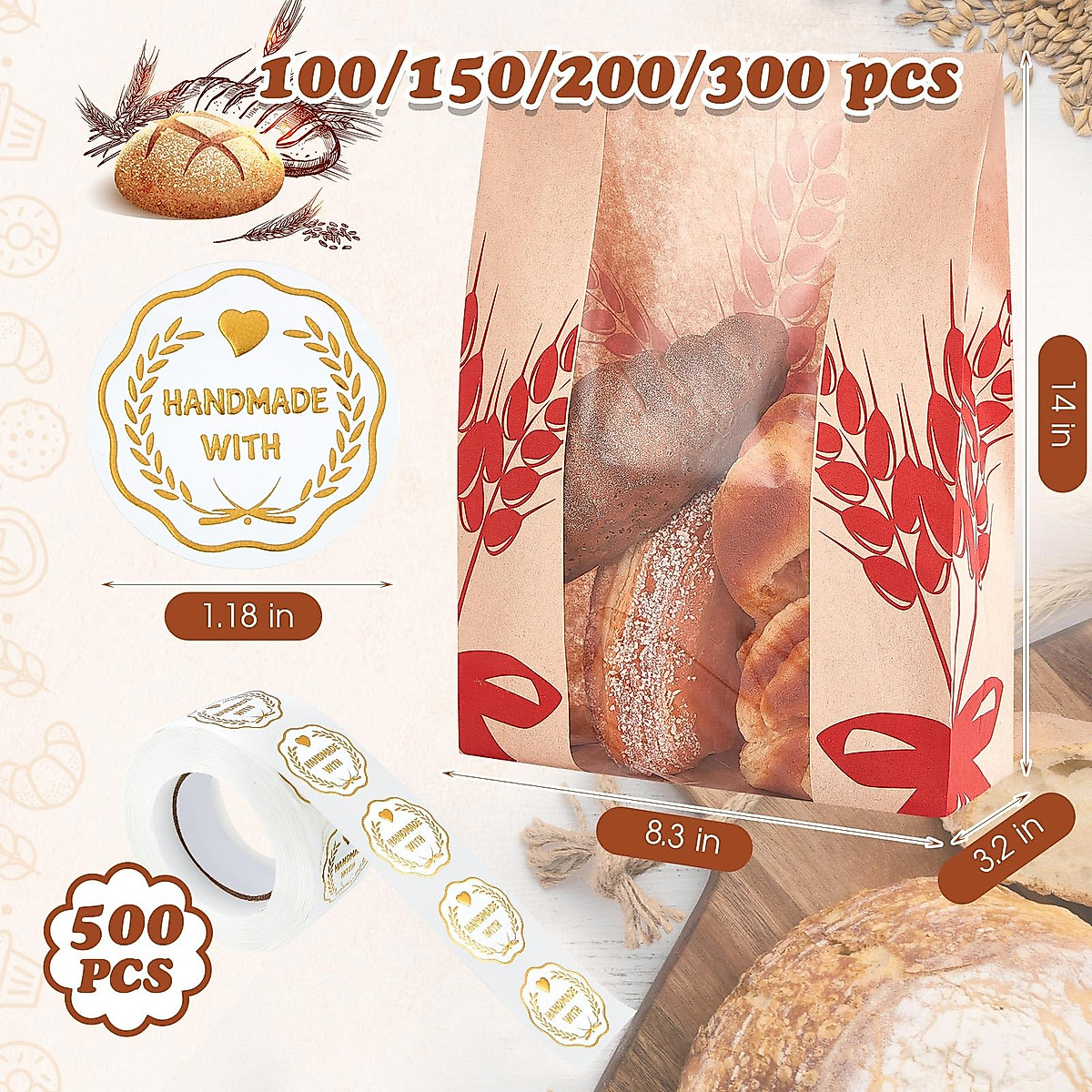 200 Pcs Kraft Paper Bread Loaf Bag with Clear Window Large Paper Bread Bags for Homemade Bread Food Packaging Storage Bakery Bag and 500 Pcs Stickers for Sourdough Popcorn Cookies, 14 x 8.3 x 3.2 In