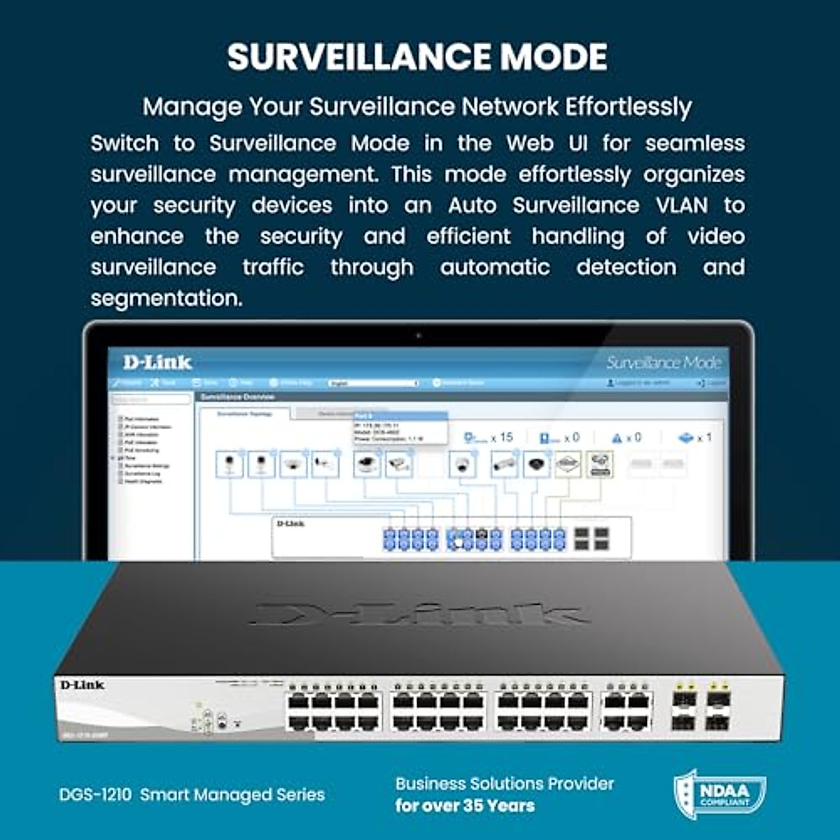 D-Link 10-Port Gigabit Smart Managed PoE+ Switch | 8 PoE+ Ports (130W) + 2 SFP Ports | L2+ | VLANs | Web Managed | Surveillance Mode | Desktop or Rackmount | Fanless | NDAA Compliant (DGS-1210-10MP)