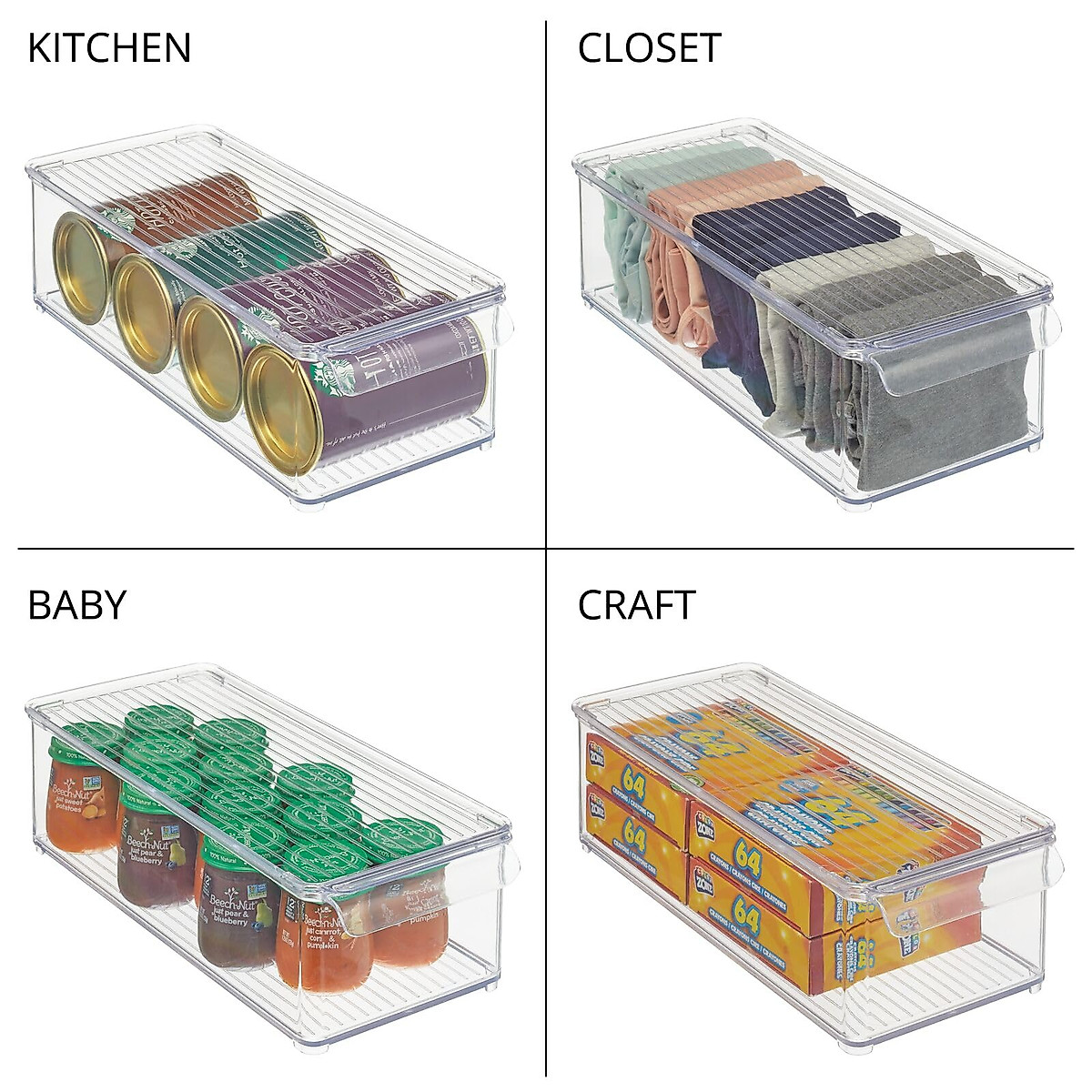 mDesign Slim Plastic Food Storage Container Bin with Lid and Front Handle for Kitchen, Pantry, Cabinet, Fridge and Freezer - Organizer for Snacks, Produce, Vegetables, Pasta, Drinks - 4 Pack, Clear