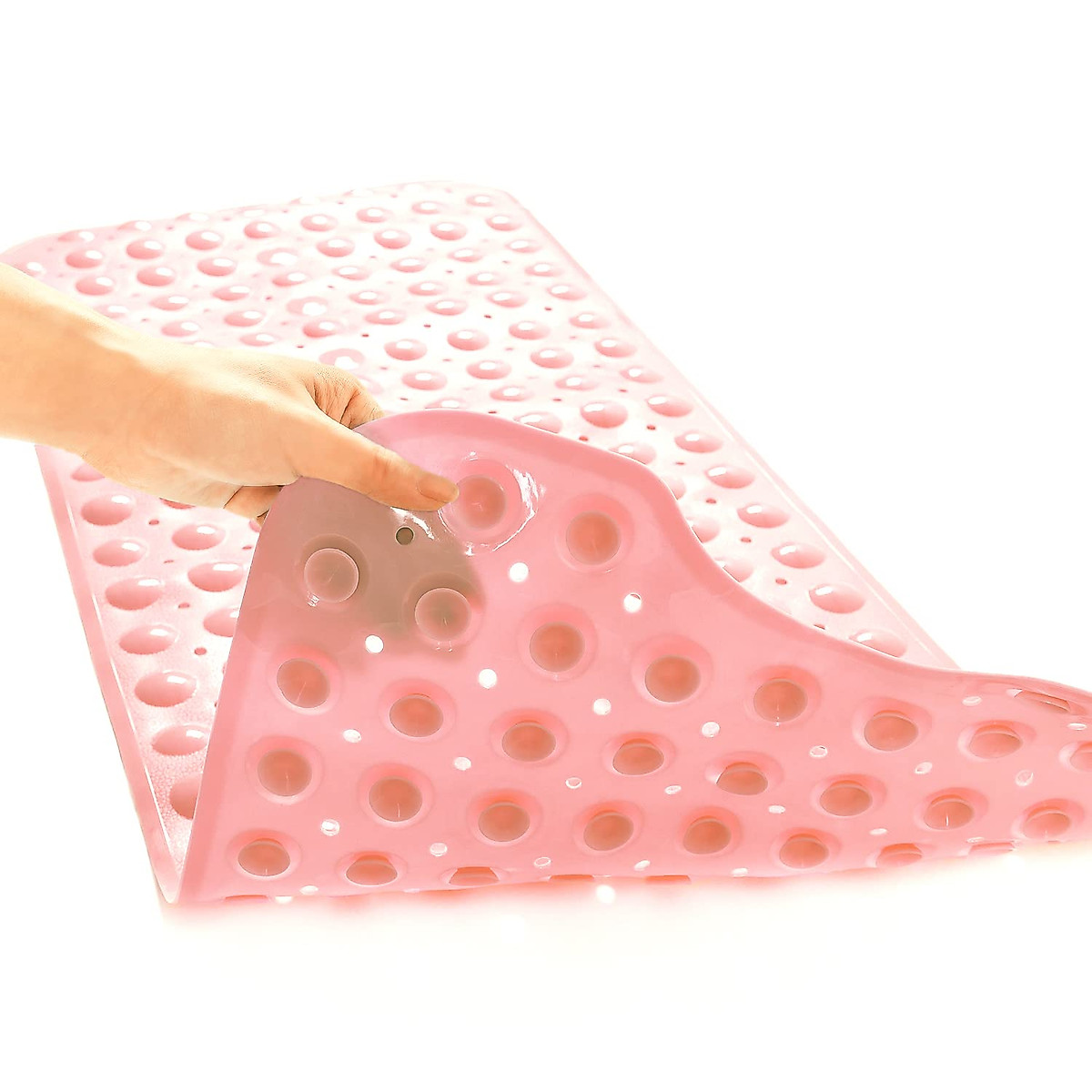 TEESHLY Bath Tub and Shower Mats, Non-Slip 39 x 16 Inch Extra Long Bathtub Mat, Machine Washable BathMat with Drain Holes, Suction Cups for Bathroom (Opaque Pink)
