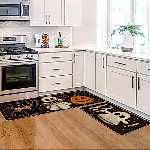 Artoid Mode Bats Black Cats Boo Pumpkin Halloween Kitchen Mats Set of 2, Home Decor Low-Profile Kitchen Rugs for Floor - 17x29 and 17x47 Inch