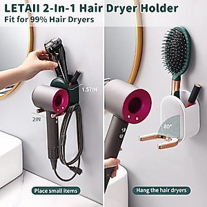 letaii Hair Dryer Holder Wall Mounted, 2-in-1 Self Adhesive Blow Dryer Holder for Bathroom, Fits Dyson Hair Dryers & More, Dark Green