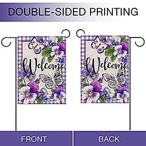Hzppyz Welcome Summer Pansy Butterfly Garden Flag Double Sided, Purple Buffalo Plaid Check Decorative Yard Outdoor Small Decor, Spring Farmhouse Home Outside Decorations 12 x 18