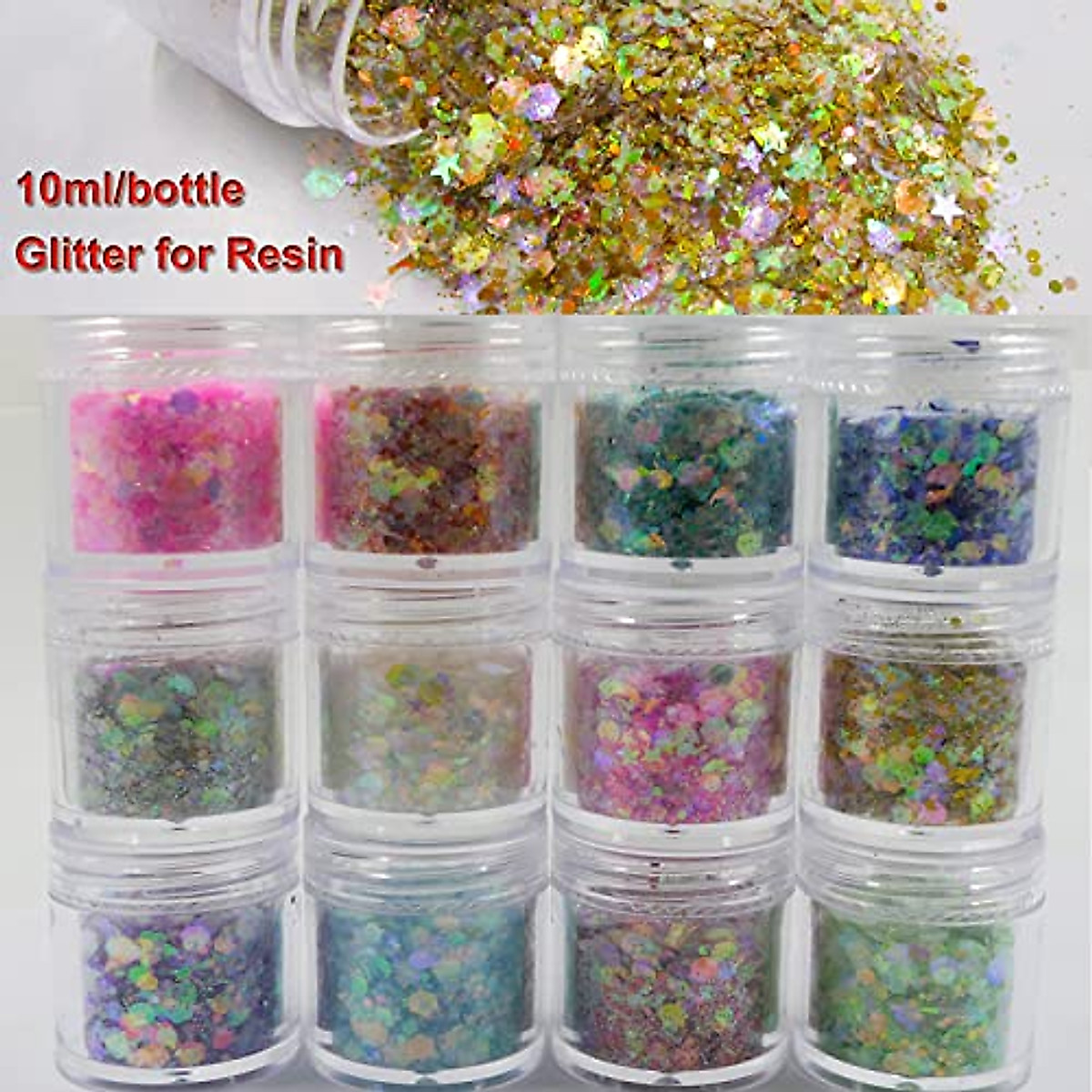 12 Bottle Opal Mermaid Chunky Glitter Iridescent Heart Star Hexagon Aurora Body Nails Glitters Resin Epoxy Accessories Crafts Supplies for Nails Art Tips Resin Mold Makeup