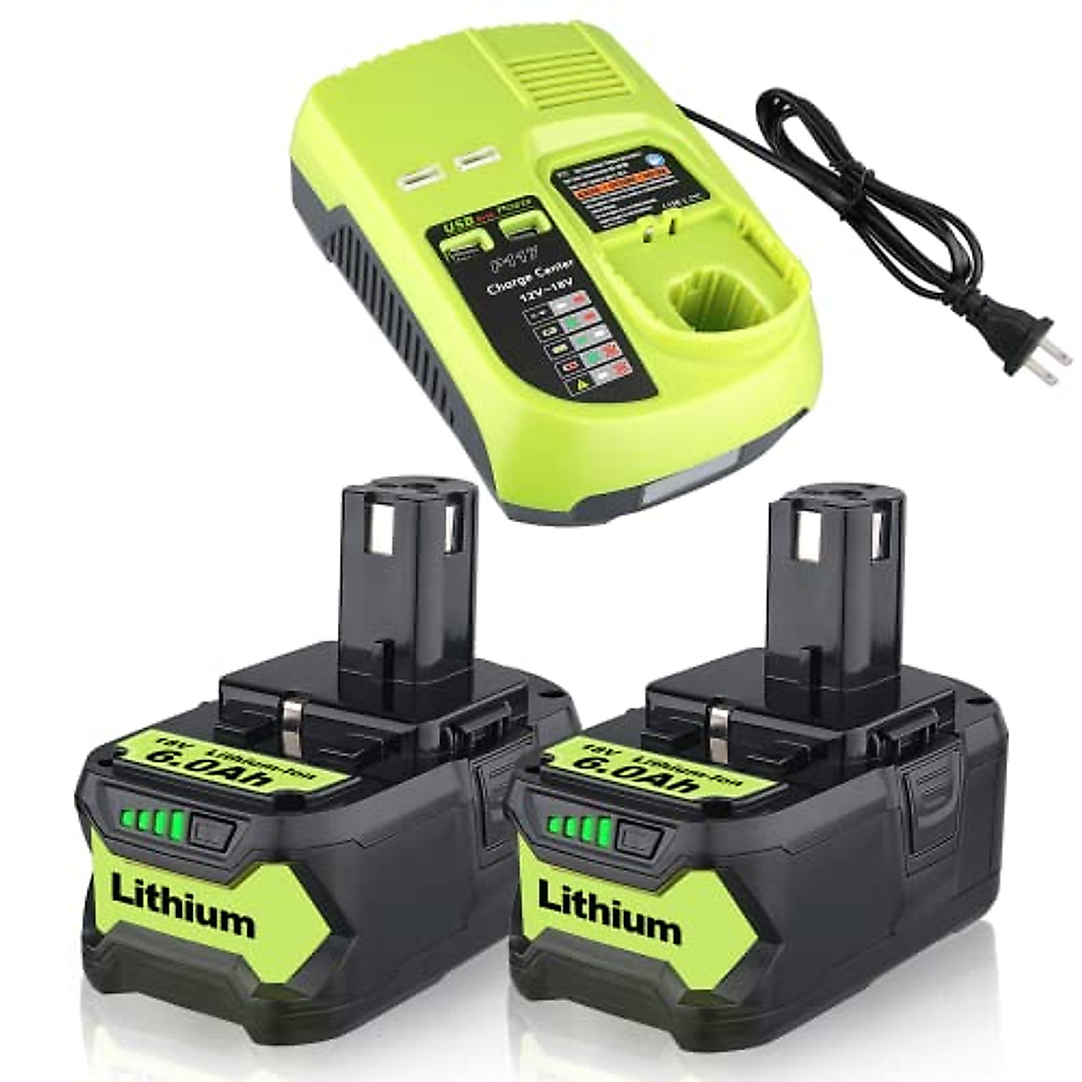 Masione 2Pack 6.0Ah P108 Batteries +P117 Charger Combo Replacement for Ryobi 18v Battery P108 P107 P104 P105 P102 P103 Charger with 260051002 P117 P118 P113 BCL1418