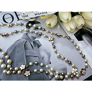 Designer Inspired Long Double Pearl Strand Layered Camellia Flower Pendant Necklace for Women, Dainty Sweater Necklace for Party, Vintage Costume Jewelry