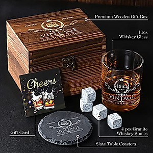 60th Birthday Gifts for Men Whiskey Glass Set - 60th Birthday Decorations, Party Supplies - 60 Year Anniversary, Bday Gifts Ideas for Him, Dad, Husband, Friends - Wood Box & Whiskey Stones & Coaster