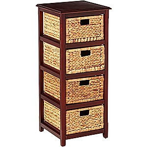 OSP Home Furnishings Seabrook Storage Tower with Solid Wood Frame and Natural Baskets, 4-Drawer, Espresso Finish