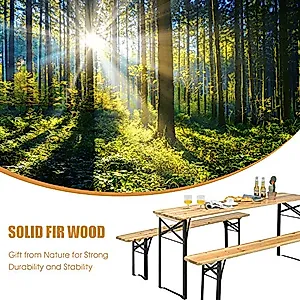 Rainfally 70” 3-Piece Portable Folding Picnic Table Bench Set, Portable Picnic Beer Table w/Wooden Tabletop, Outdoor Foldable Dining Table Set for Party, Picnic, Camping, Patio, Garden, Natural Brown