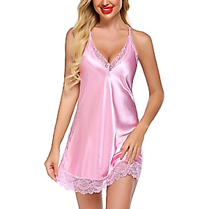 Avidlove Womens Lingerie Satin Lace Chemise Nightgown Nightshirt Full Slips Sleepwear (Pink, Large)