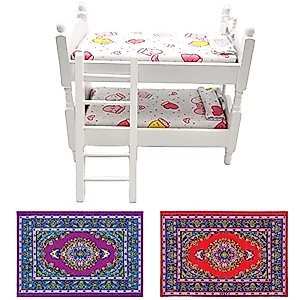 3Pcs Dollhouse Decoration Accessories, 1Pc Dollhouse Miniature Children Bedroom Furniture Bunk Bed with Ladder and 2Pcs Miniature Carpet Turkey Rugs for Kids Gift (A)