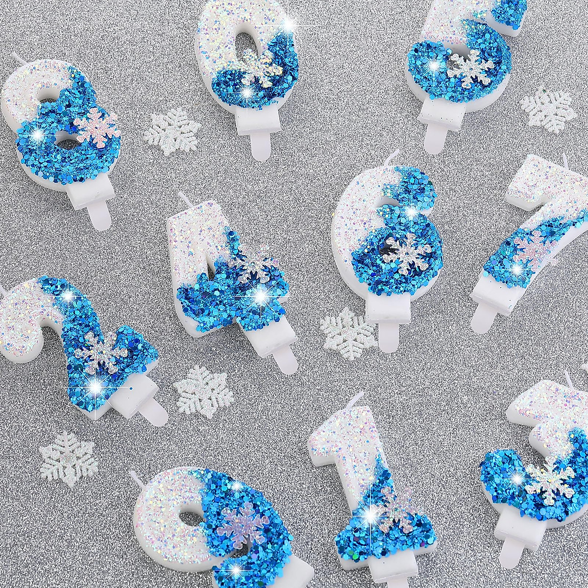 Herdear 2.8" Frozen Birthday Candles Snowflake Number Candles with 10 Pcs Long Thin Candles Blue Number 0-9 for Cake Topper Birthday Frozen Birthday Supplies(Number 4)