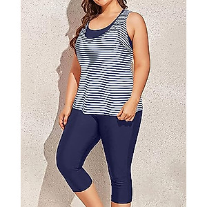Yonique 3 Piece Plus Size Swimsuits for Women Tankini Tops with Sports Bra and Swim Capris Athletic Bathing Suits Blue and Stripes 20 Plus
