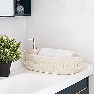 Dahey Woven Basket Macrame Storage Basket for Toilet Tank Top Boho Decor Toilet Paper Basket for Bathroom Organizing, Toilet Tank Tray for Counter Table Bedroom Living Room Nursery, White