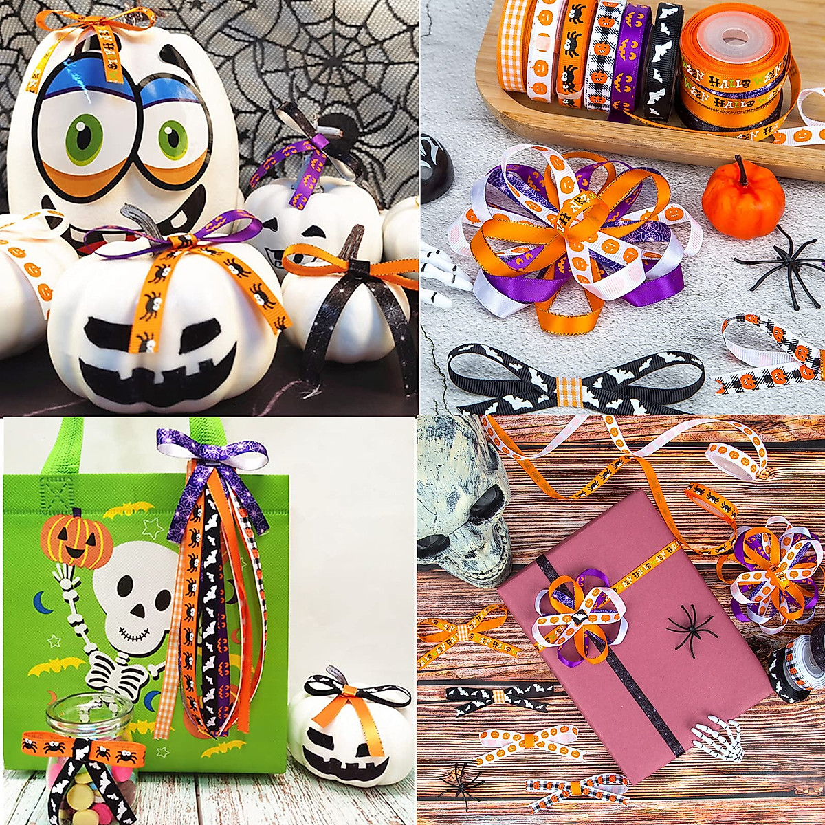 3/8" Halloween Ribbon for Gift Wrapping (10rolls, 50yds), Orange Ribbons for Crafts Wreaths with Spider Web Pumpkin Bat, Ribbon for Hair Bows Halloween Party Home Decor
