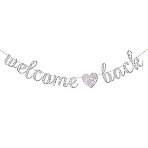 INNORU Welcome Back Banner - Welcome Home - Retirement Party Bunting Decor - Homecoming Returning - Happy Retirement Family Party Decorations Supplies Photo Prop, Silver Glitter