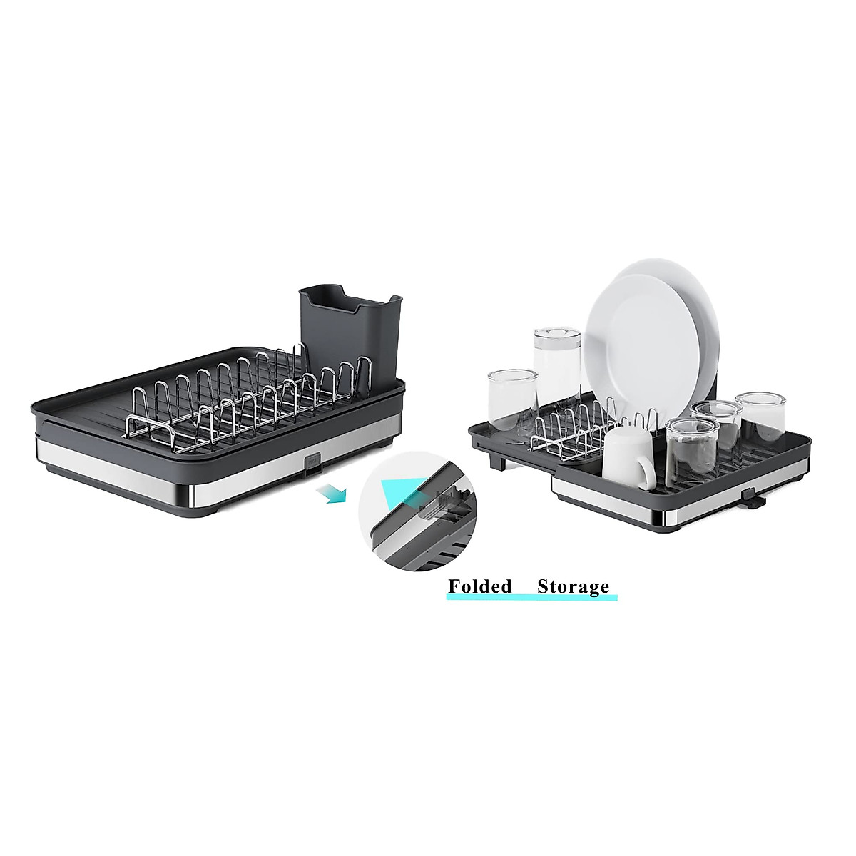 Alta by Auggie Chino Expandable Dish Drying Rack with Drainage Spout, Stainless Steel, Movable Utensil Drainer, (White)