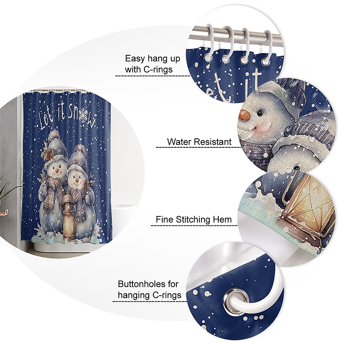 Navy Blue Snowman Christmas Shower Curtain, Xmas Pine Cones Botanical Stall Shower Curtains for Bathroom/Bathtub, Winter Snowflake Waterproof Fabric Shower Curtain Set with 12 Hooks, Standard 72"x72"