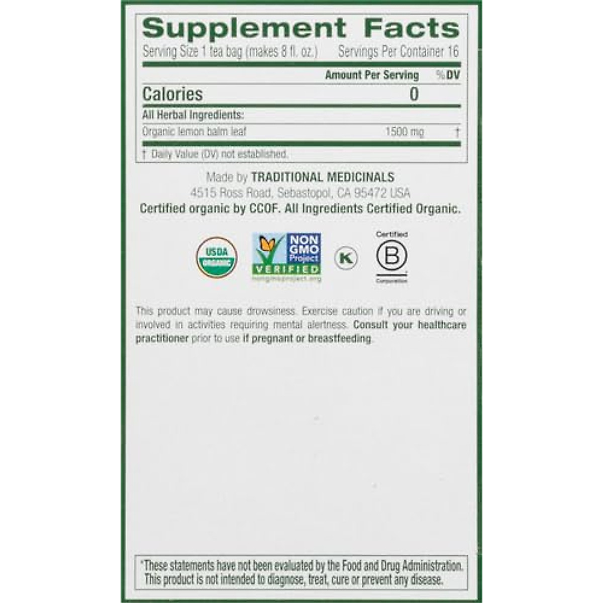 Traditional Medicinals Organic Lemon Balm Herbal Tea, Calming and Supports Digestion, (Pack of 1) - 16 Tea Bags