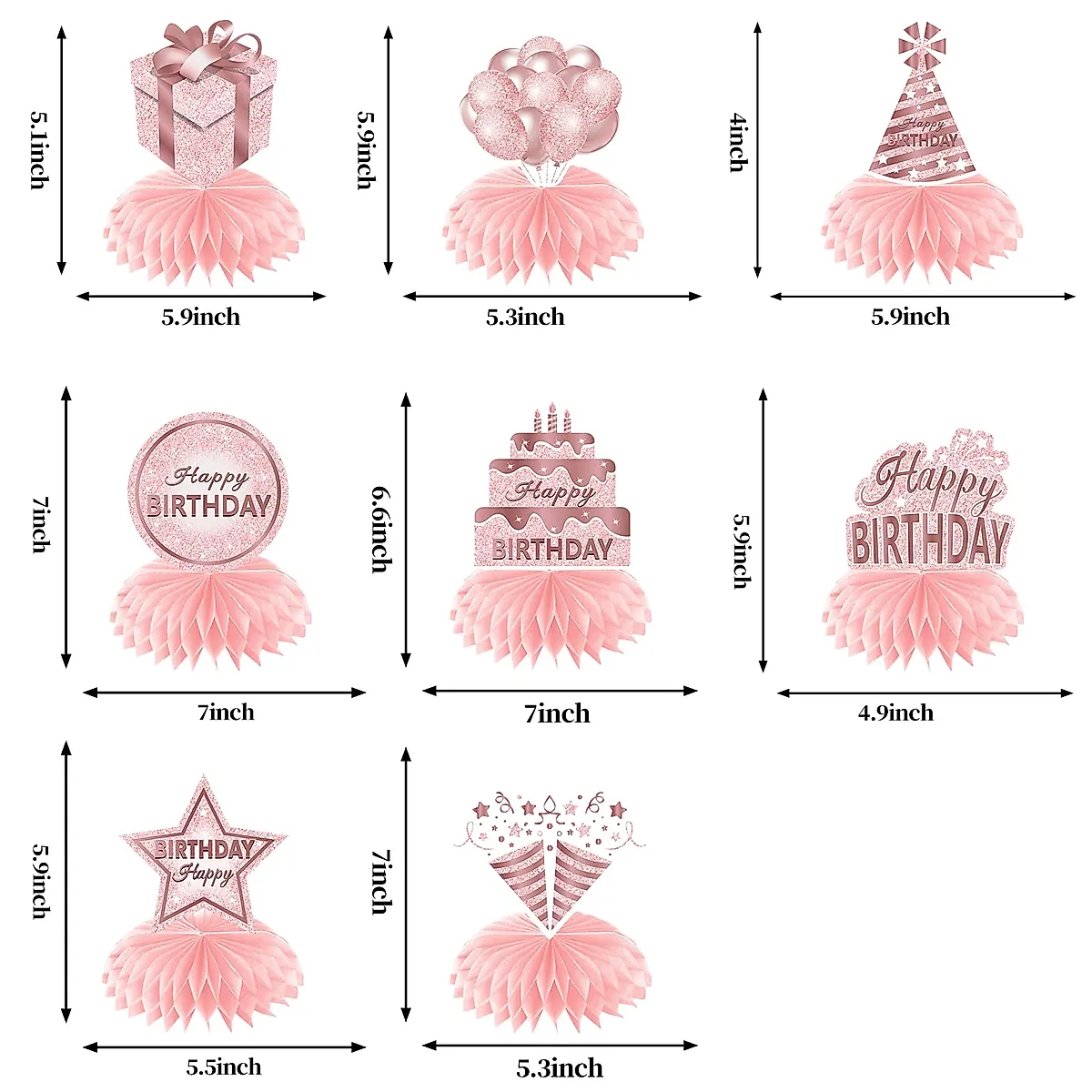 Pink Rose Gold Happy Birthday Decorations Honeycomb Centerpieces for Women Girls, 8Pcs Pink Happy Birthday Table Centerpieces Party Supplies, 16th 21st 30th 40th 50th 60th Bday Table Toppers Decor