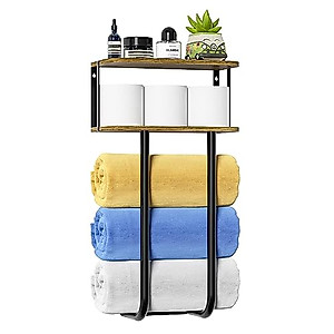 HomeDePal Towel Racks for Bathroom with 2-Tier Wood Shelf, Bathroom Shelves Wall Mounted with Bath Towel Storage, Towel Holder for Bathroom Wall, Floating Shelves Over Toilet, Bathroom Wall Organizer