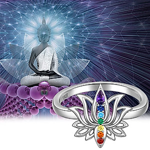 Jewlikee Lotus Ring 7 Chakra Rings for Women Sterling Silver Lotus Flower Yoga Energy Balance Chakras Jewelry Meditation Anxiety Relief Size 7