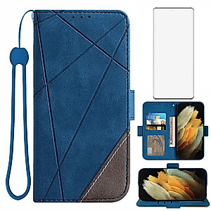 Compatible with Samsung Galaxy S21 Ultra 5G Wallet Case and Tempered Glass Screen Protector Wrist Strap Leather Flip Card Holder Stand Cell Phone Cover for S21ultra 21S S 21 21ultra G5 Women Men Blue