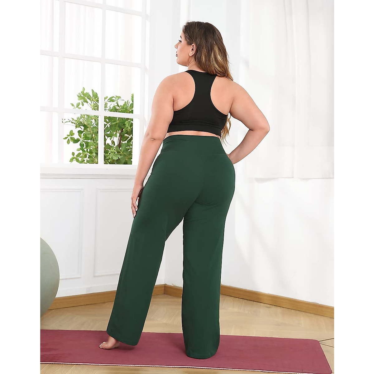 HDE Plus Size Wide Leg Cotton Yoga Pants for Women High Waist Workout Leggings Dark Green - 2X