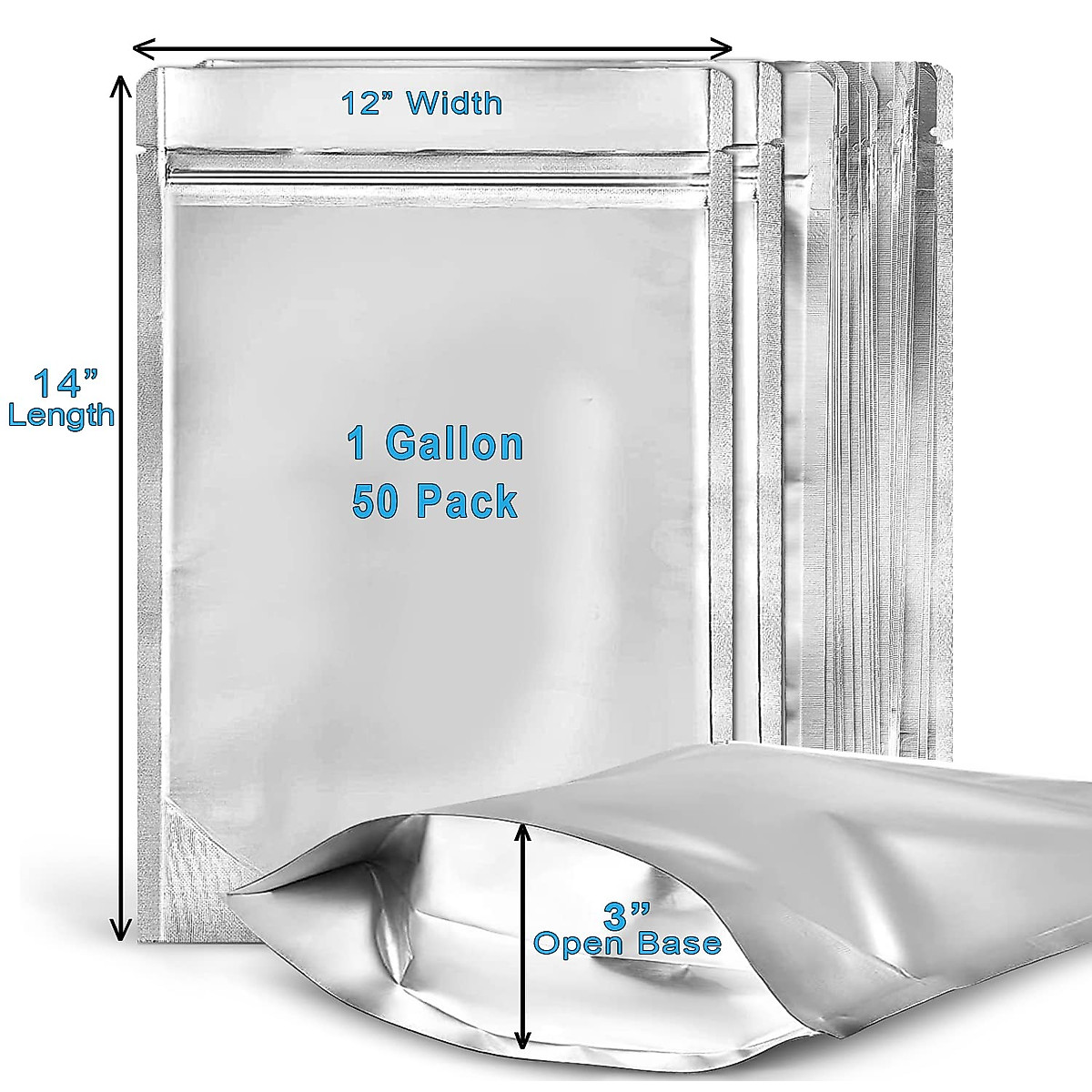 One Gallon Resealable 4.7 ml Mylar Bags, 50 Unit Set with 300cc Oxygen Absorbers and Labels; Thick and Heat Sealable. Food Storage Done Easy!