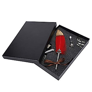 GLOGLOW Feather Pen Set, Vintage Calligraphy Writing Pen Kit with 5pcs Replacement Nib, Seal, Empty Ink Bottle for Office Stationery(Red)