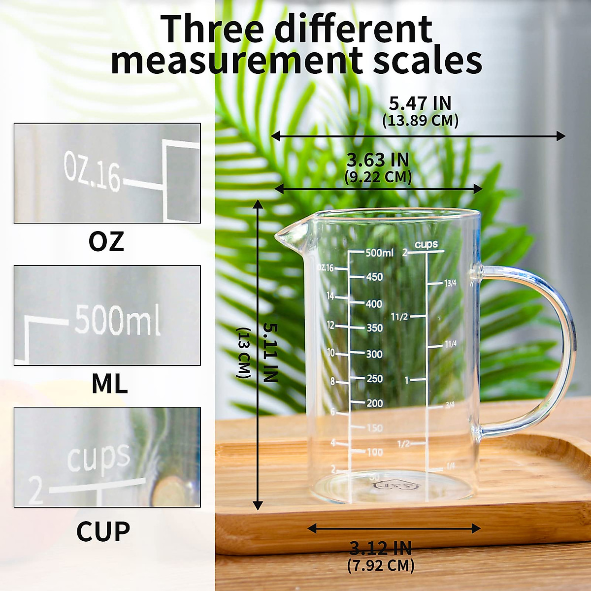 Glass Measuring Cup, [Insulated handle, V-Shaped Spout], 77L High Borosilicate Glass Measuring Cup for Kitchen or Restaurant, Easy To Read, 500 ML (0.5 Liter, 2 Cup)