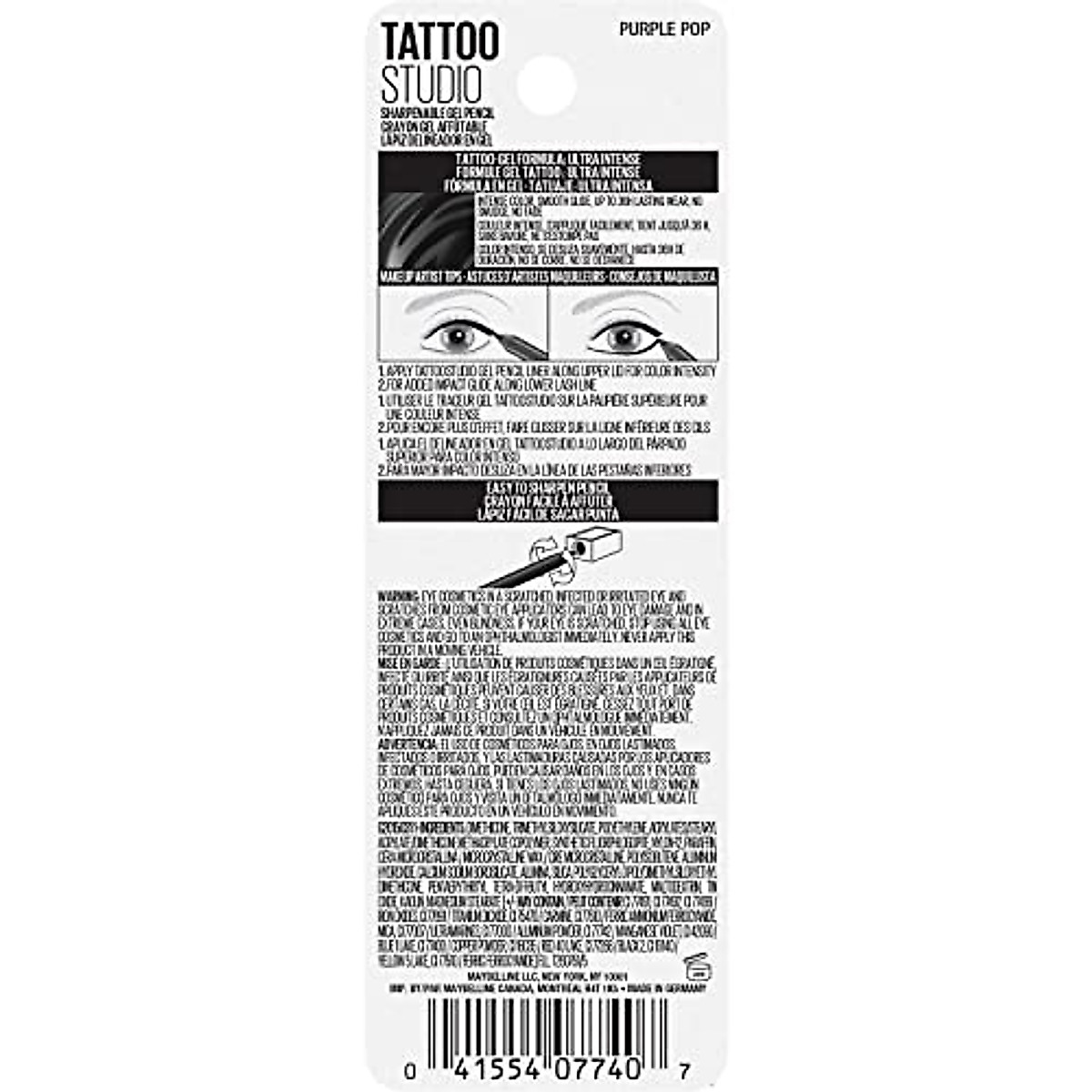 Maybelline New York Tattoo Studio Long-Lasting Sharpenable Eyeliner Pencil, Glide on Smooth Gel Pigments with 36 Hour Wear, Waterproof, Purple Pop, 0.04 oz