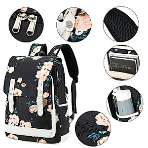 LEDAOU School Backpack for Teen Girls Laptop Backpacks 15.6 inch Floral Daypack Women Bookbag School Bag for College Travel (Floral Black)