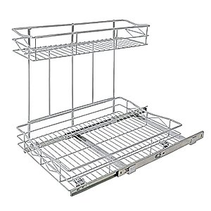 TQVAI Pull Out Cabinet Organizer, 2 Tier Under Sink Storage Shelf with Sliding Drawer, Wire Kitchen Slide Out Basket - 11.75W x 17D x 15.38H, Request at Least 12.5" Cabinet Opening