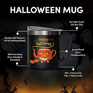 VAHDAM Halloween Pumpkin Mug Halloween Coffee Mug - Stainless Steel Double Wall Insulated Mug with Lid & Handle | Halloween Cups for Hot & Cold Drinks | Halloween Themed Mug, Halloween Mug