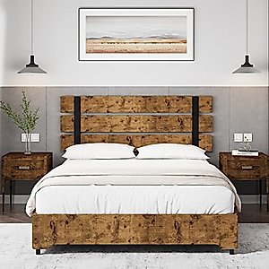 Queen Bed Frame with 4 Storage Drawers, Rustic Wooden Headboard and Footboard Platform Bed Frame with Strong Wood Slats and 9 Metal Legs Support, No Box Spring Needed, Easy Assembly, Vintage Brown
