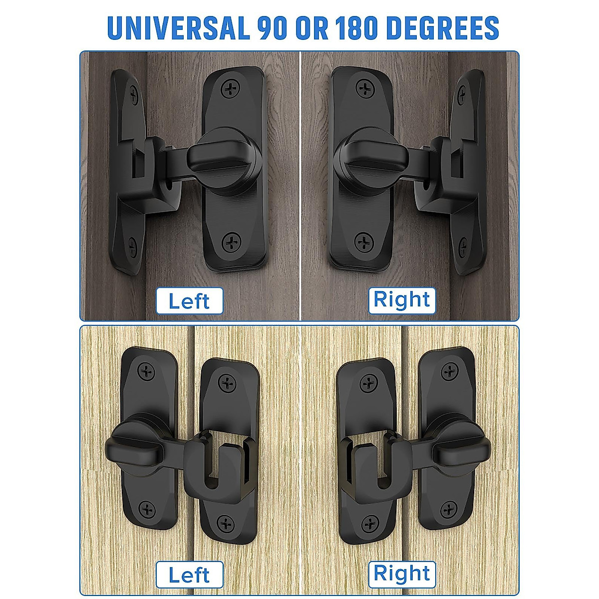 MeBantoo 90/180 Degree Flip Barn Door Lock, Protect Privacy - Security Sliding Door Latch, Small Gate Latches Hardware for Barn, Garden, Bathroom, Cabinet, Window (Black-1PC)