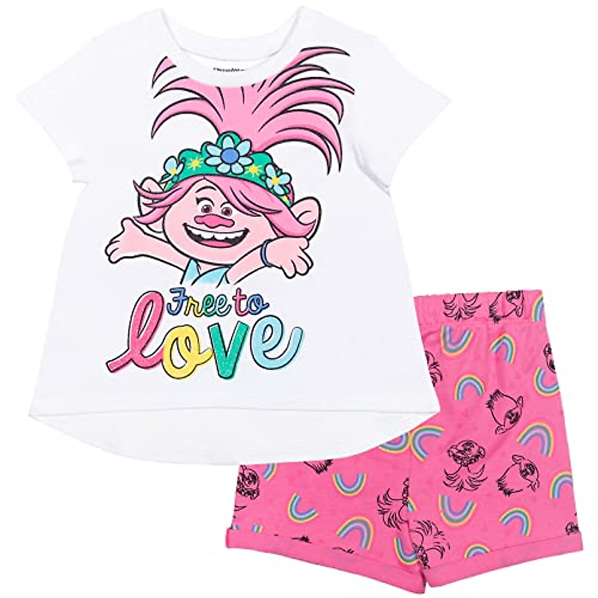 DreamWorks Trolls Poppy Toddler Girls Short Sleeve T-Shirt French Terry Shorts Set White/Pink 3T
