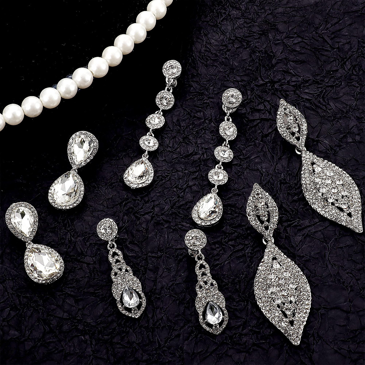 Jstyle 4 Pairs Clip on Earrings for Women Rhinestone Crystal Wedding Earrings Elegant Silver Teardrop Drop Dangle Clip on Earrings for Bride Bridesmaid Non Pierced Earrings Classic Style