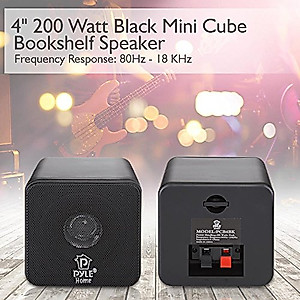 Pyle Home 4” Mini Cube Bookshelf Speakers-Paper Cone Driver, 200 Watt Power, 8 Ohm Impedance, Video Shielding, Home Theater Application and Audio Stereo Surround Sound System - 1 Pair -PCB4BK (Black)