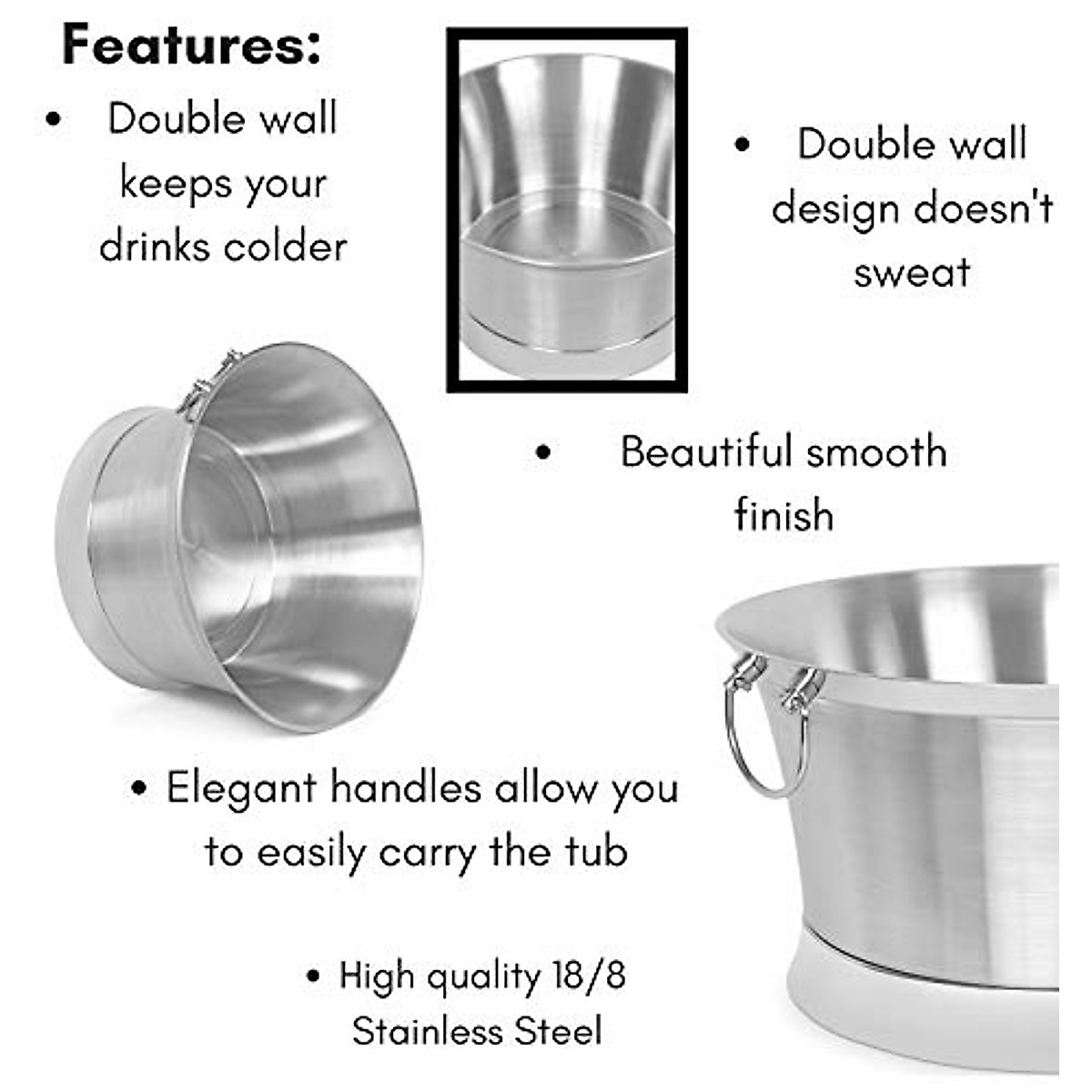 BirdRock Home Double Wall Round Beverage Tub - Stainless Steel - Ice Bucket - Metal Decorative Drink Cooler - House Party - Handles Small Container - Large