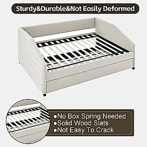 JEEOHEY Full Size Daybed with Trundle, Modern Upholstered Linen Sofa Bed for Apartment Living Room Guest Room, Solid Wood Trundle Day Bed Frame, No Box Spring Needed, Beige