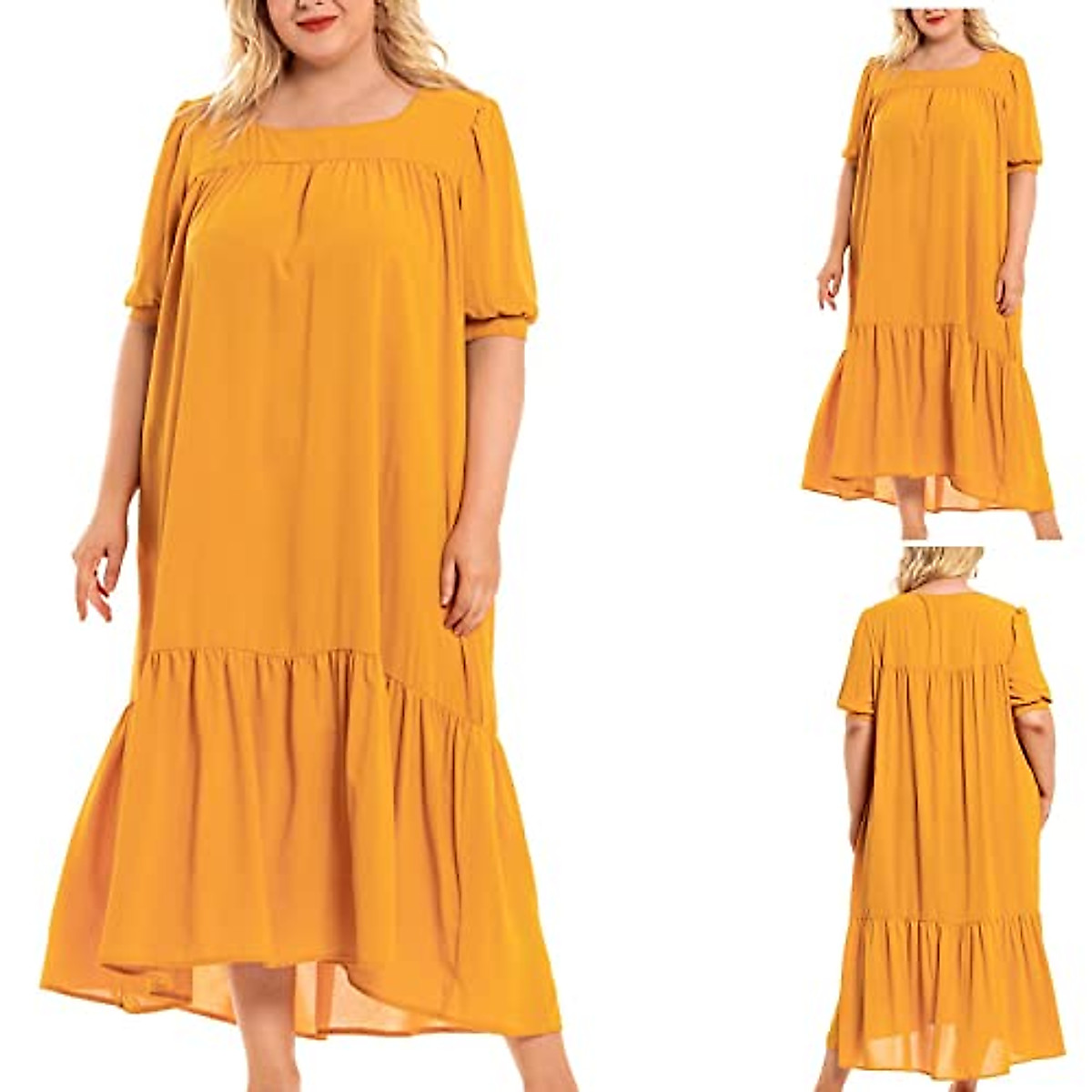 Casual Summer Dresses for Women, Vestidos para Mujer Casuales Y Elegantes Maxi Dresses Women 2023 Beach Dresses Casual Wrap Sundresses Dresses Maxi V Neck Ruffle Long Sleeve (3XL, Yellow)