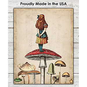 Whimsical Alice Atop Mushrooms Wall Art Print - 11x14 Unframed Picture For Home, Office, Classroom, Dorm, Living Room & Bedroom Decor - Creative Gift Idea For Alice Fans