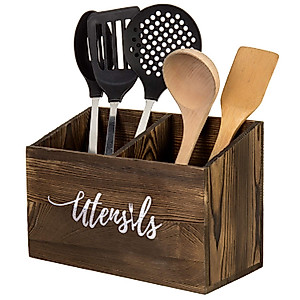 MyGift 2-Slot Solid Burnt Wood Kitchen Utensil Holder for Countertop, Cooking Tools Organizer Caddy with Cursive Utensils Word Design