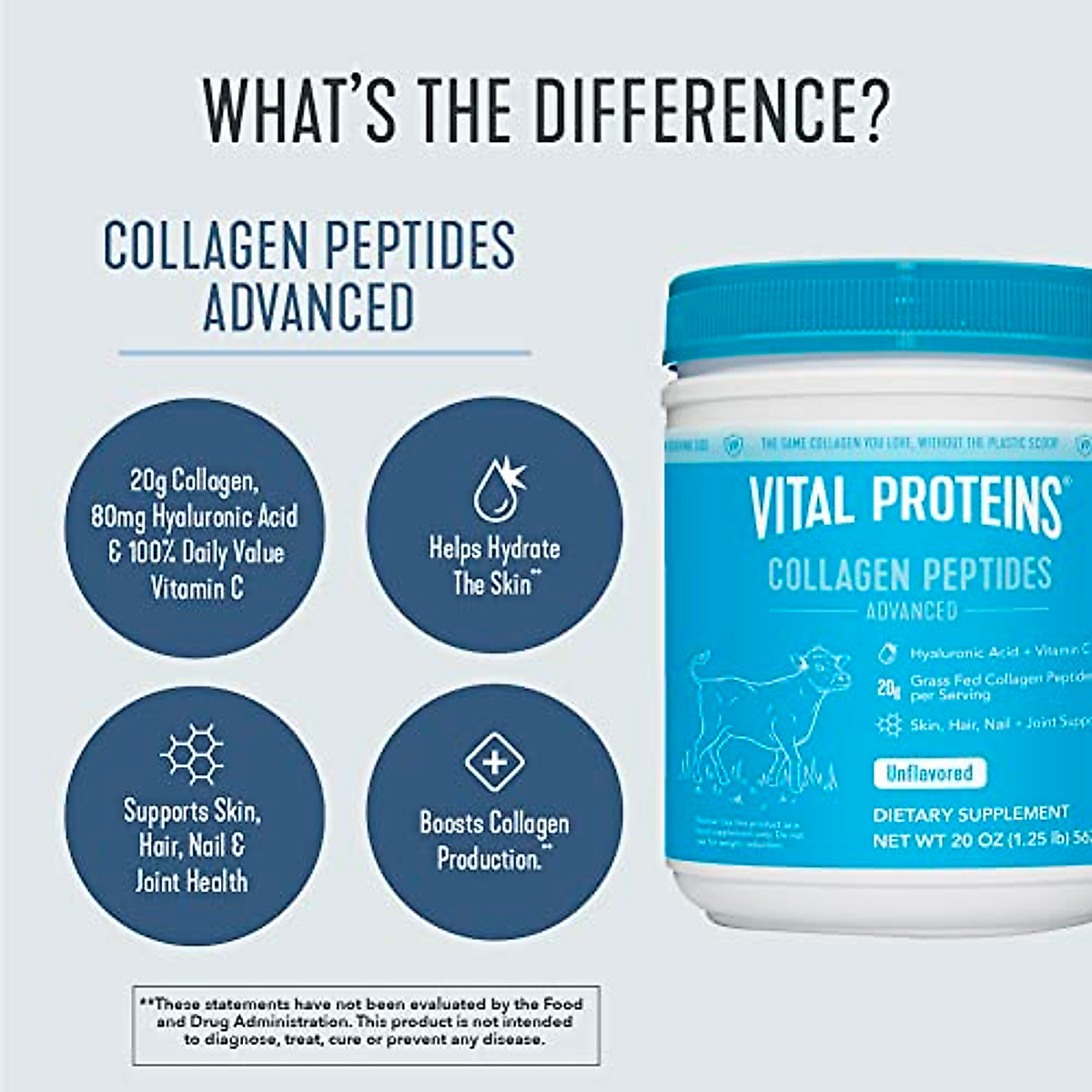 Vital Proteins Collagen Peptides Powder with Hyaluronic Acid and Vitamin C, Unflavored, 20 oz