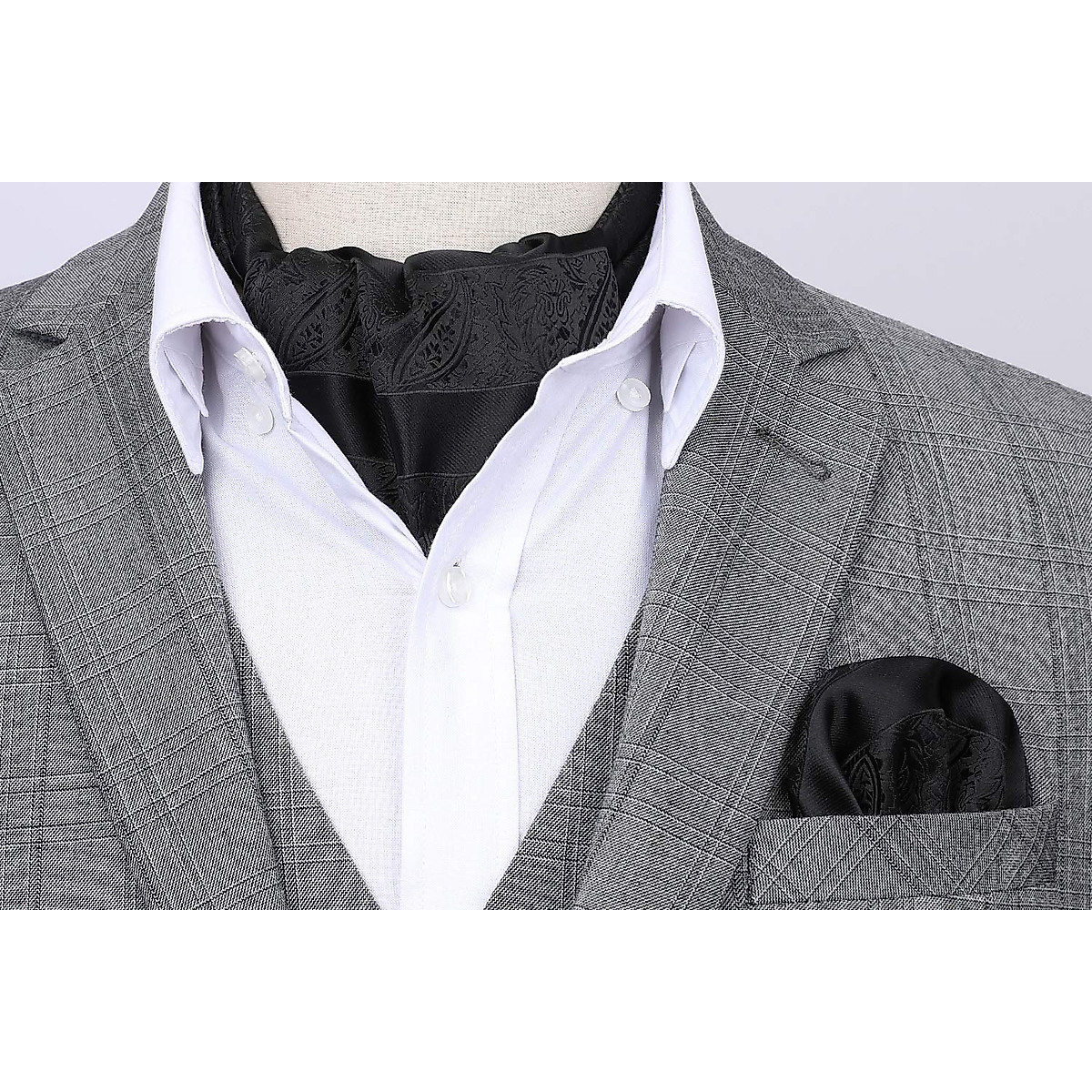 HISDERN Men's Cravats Black Ascot Ties for Men Paisley and Pocket Square Set Woven Classic Floral Ascot Scarf for Men Handkerchief Wedding Party