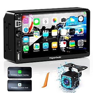 Vaparinckl Double Din Car Stereo with Wireless Apple CarPlay and Android Auto, 7-Inch FHD Touchscreen Car Audio Receiver with Voice Control, Bluetooth, FM, Subwoofer, Backup Camera, USB/TF/AUX Port